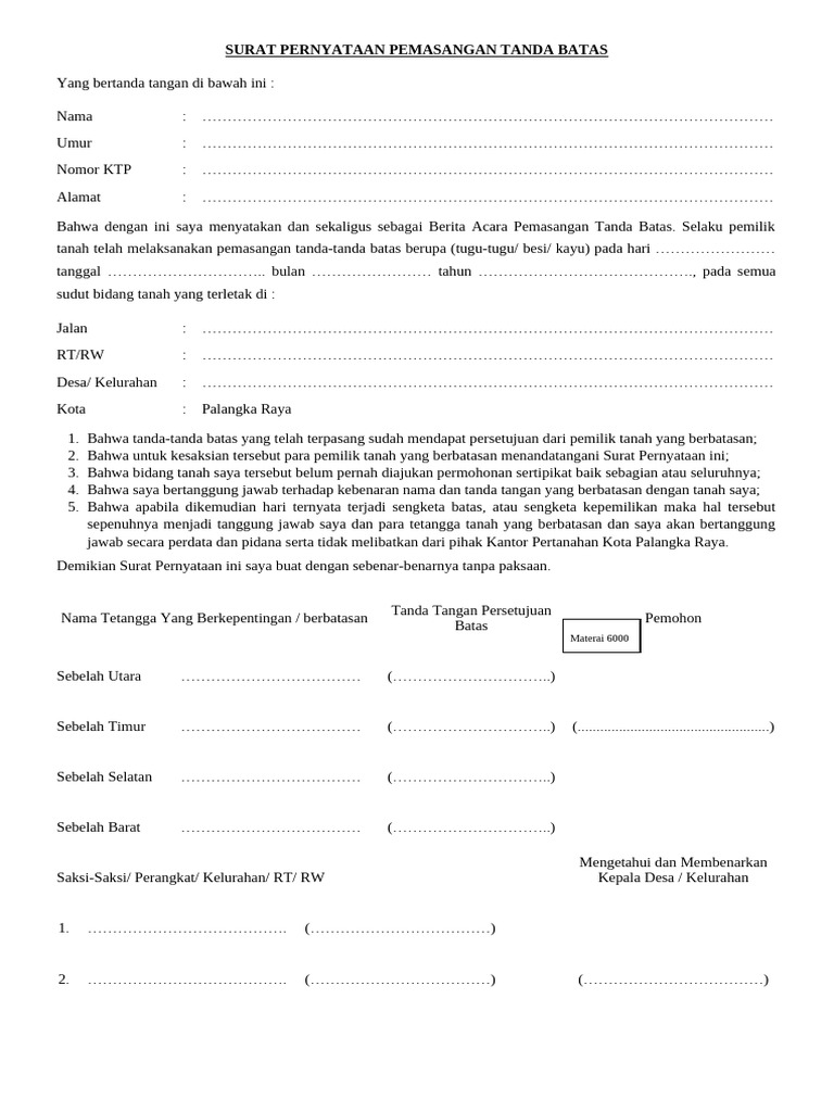 Surat Pernyataan Tanda Batas Tanah | PDF