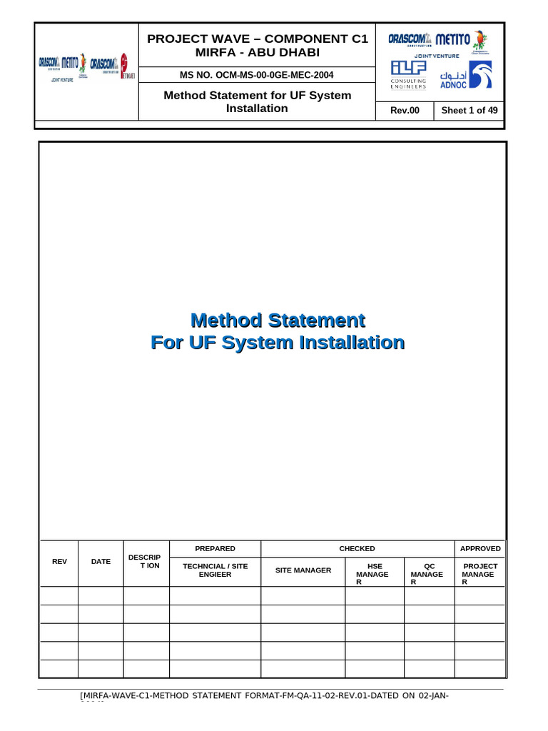 UF System Installation Method Statement | PDF | Pipe (Fluid Conveyance ...