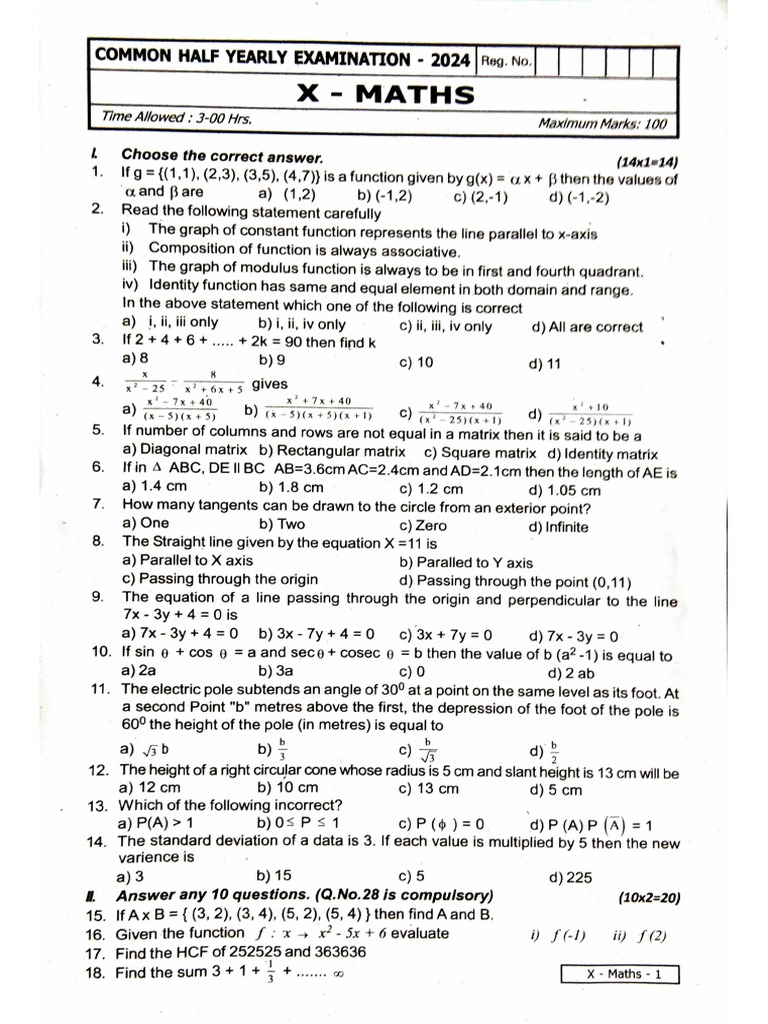 10th Maths EM Half Yearly Exam 2024 Original Question Paper With Answer ...