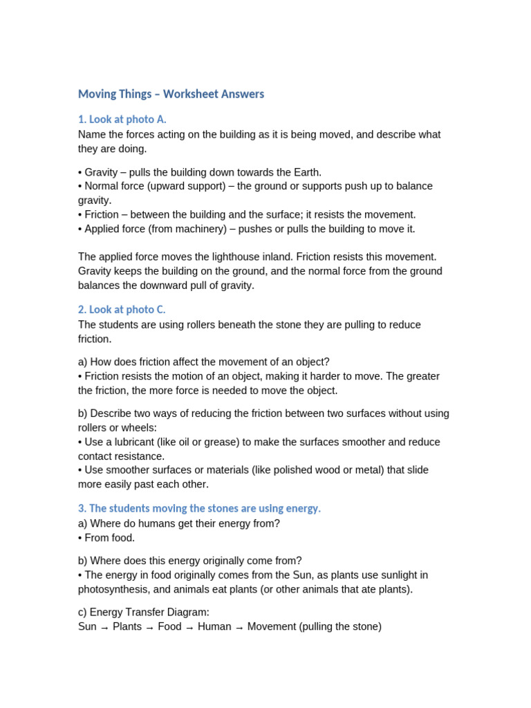 Moving Things Worksheet Answers | PDF