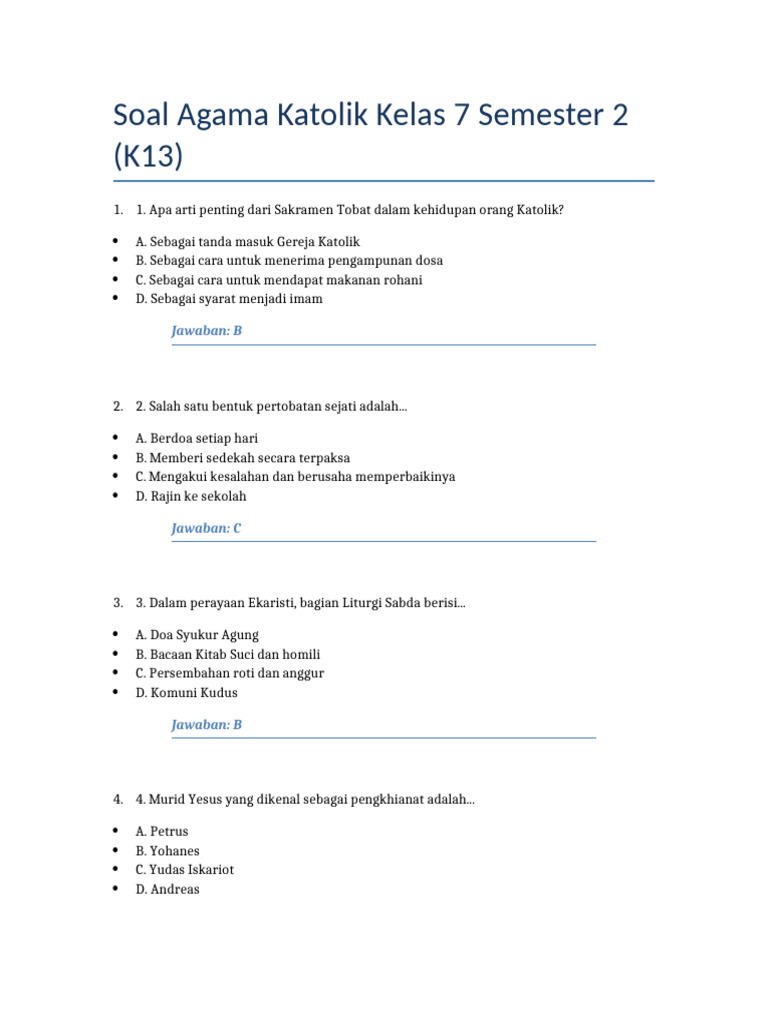 Soal Agama Katolik Kelas 7 Semester 2 | PDF