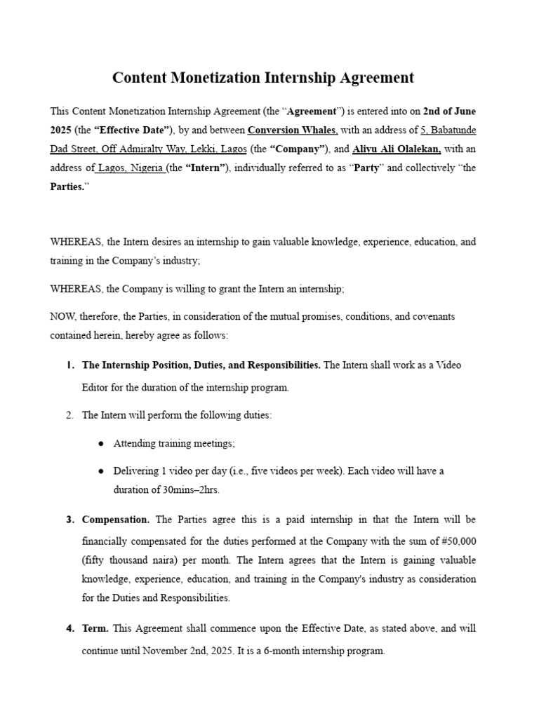 Content Monetization Internship-Contract Aliyu A. | PDF | Indemnity ...