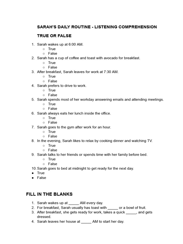 Sarah's Daily Routine - Listening Comprehension-2 | PDF | Lunch ...