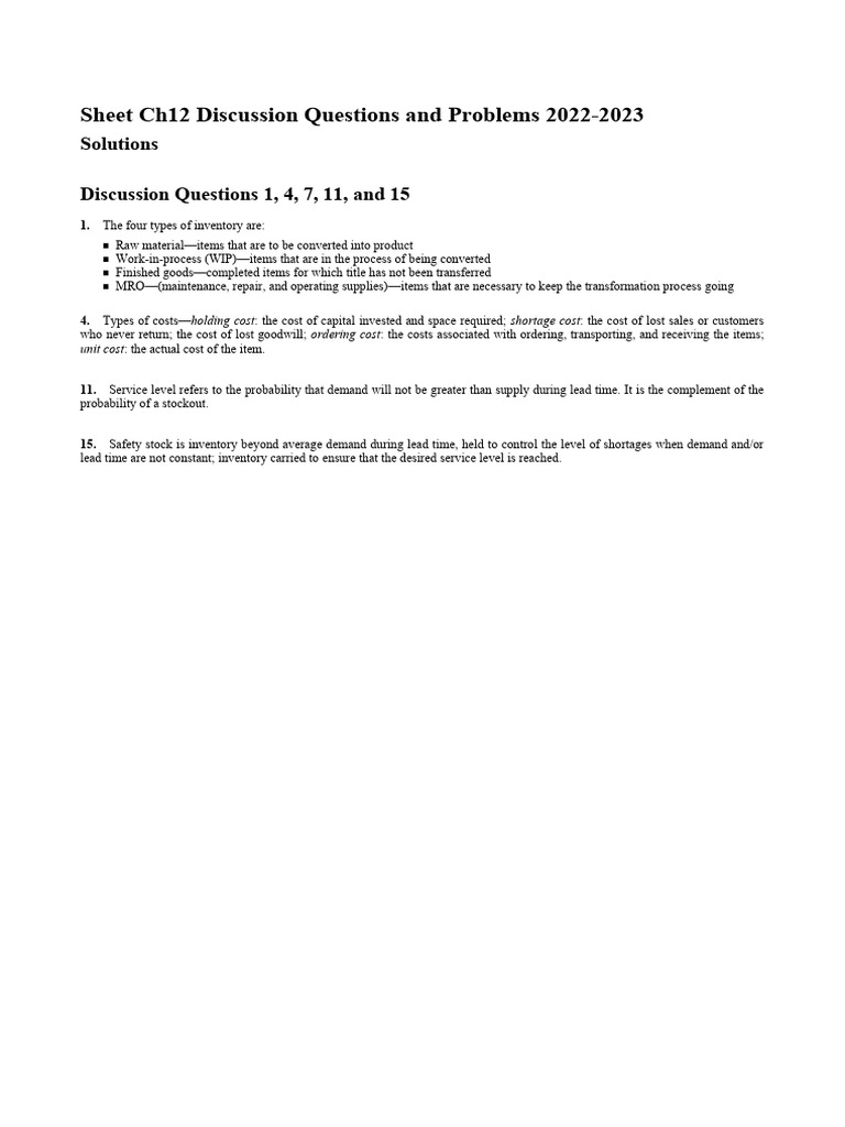 Sheet Ch12 Answers_2 | PDF | Financial Economics | Management Accounting