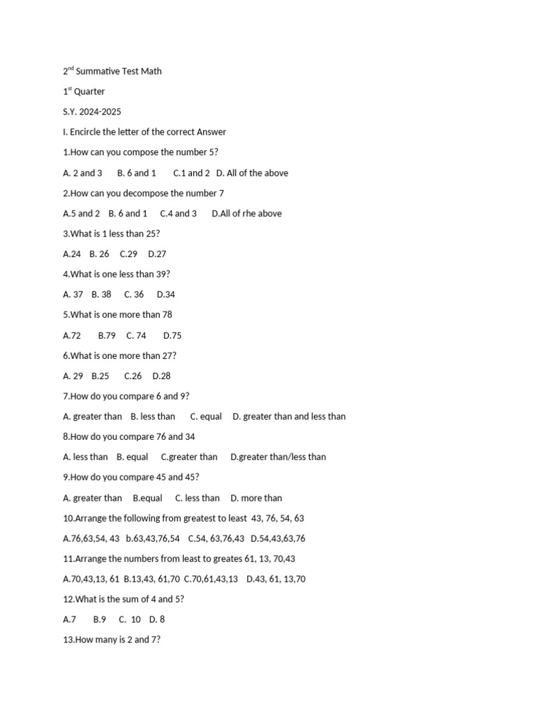 2nd Summative Test Math | PDF