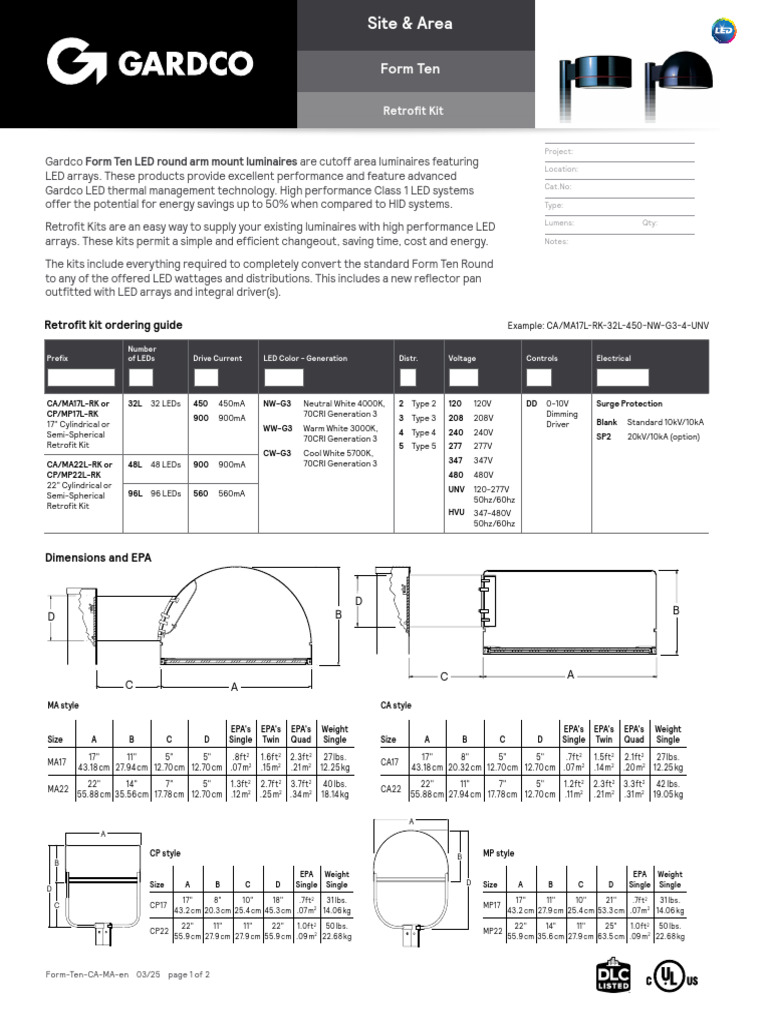 Gardco Form 10 Retrofit Kit Specifications | PDF | Light Emitting Diode ...