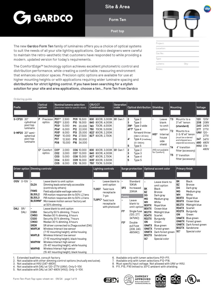 Gardco Form 10 Post Top CP20 MP20 Spec Sheet | PDF | Electromagnetic ...