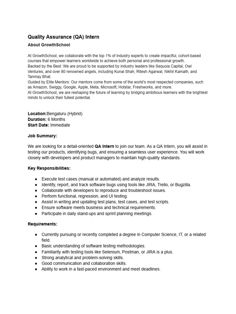 QA Intern JD | PDF
