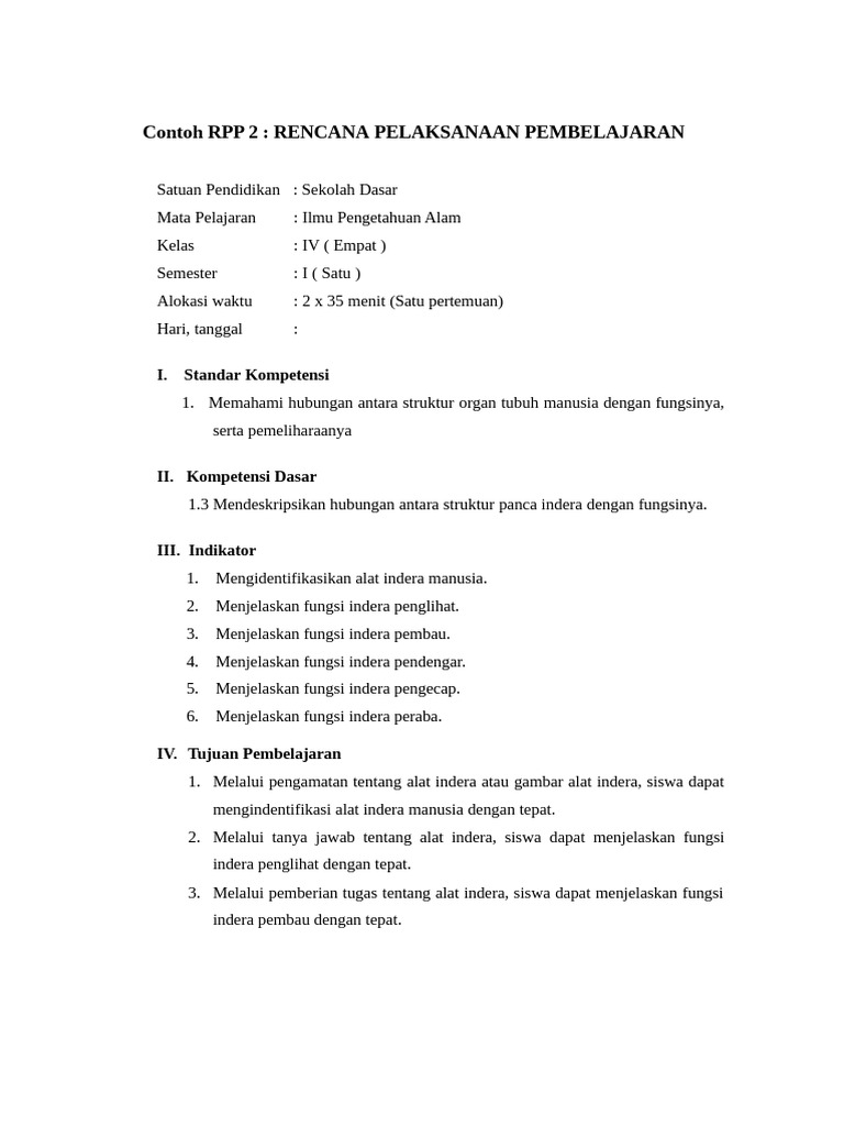 RPP Ipa Kelas IV 1 Panca Indra Sutiyono | PDF