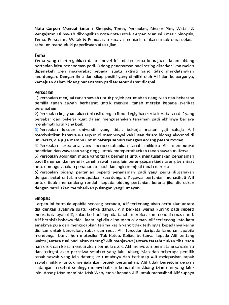 Nota Cerpen Menuai Emas | PDF