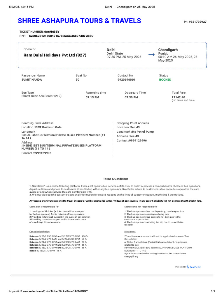 Ram Dalal Holidays Bus Ticket Details | PDF | Bus | Public Transport