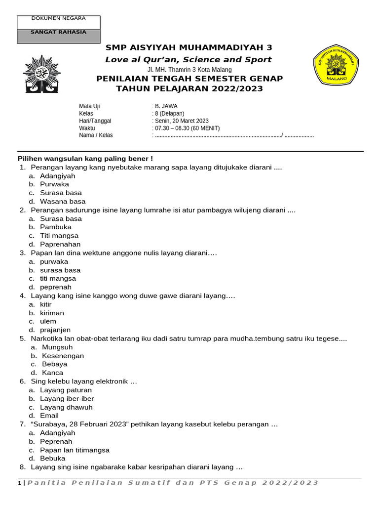 Soal B.JAWA PTS Ganjil 2022-2023 | PDF