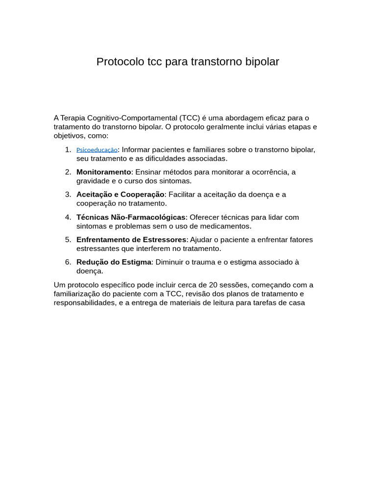 Protocolo TCC para Transtorno Bipolar | PDF