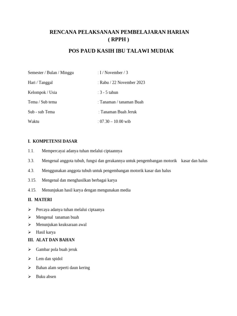 RPPH Anak Usian Dini Tema Buah Buahan Jeruk | PDF