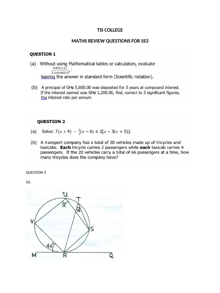 Mathematics Review For Ss3 One | PDF