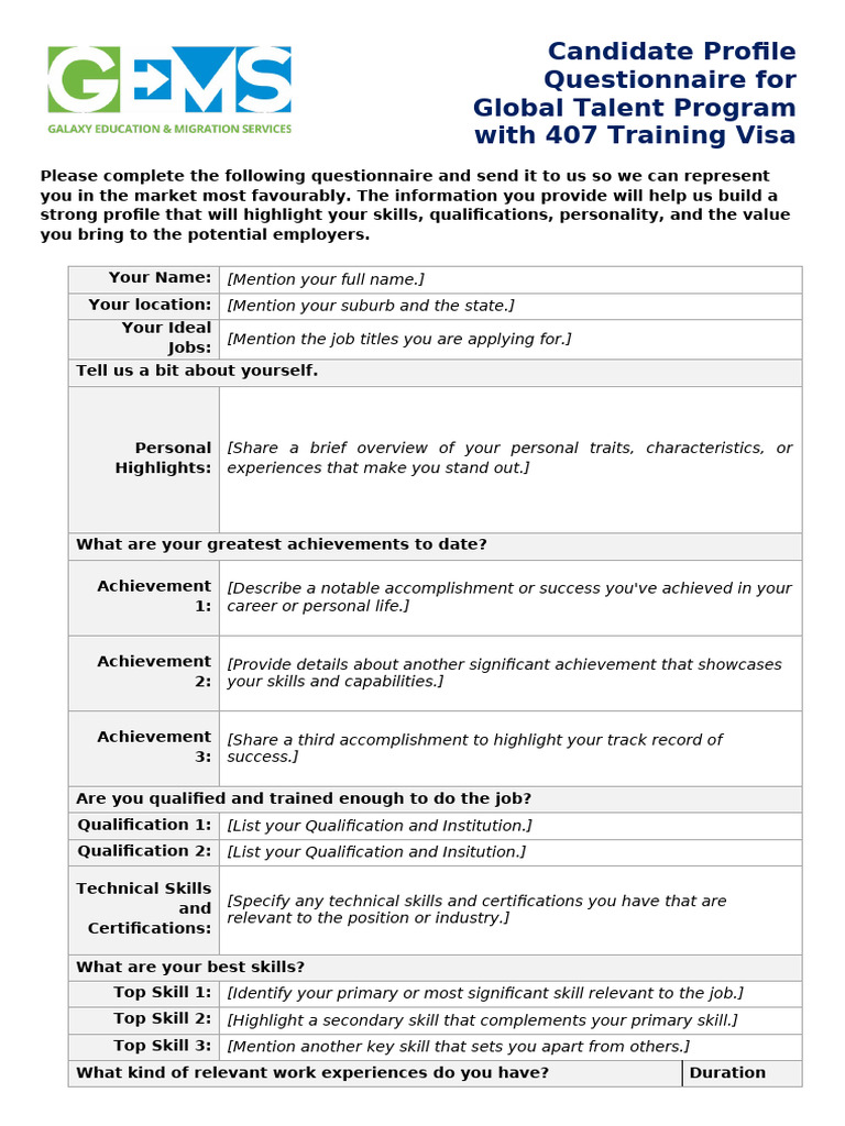 Global Talent Program Candidate Questionnaire | PDF | Business