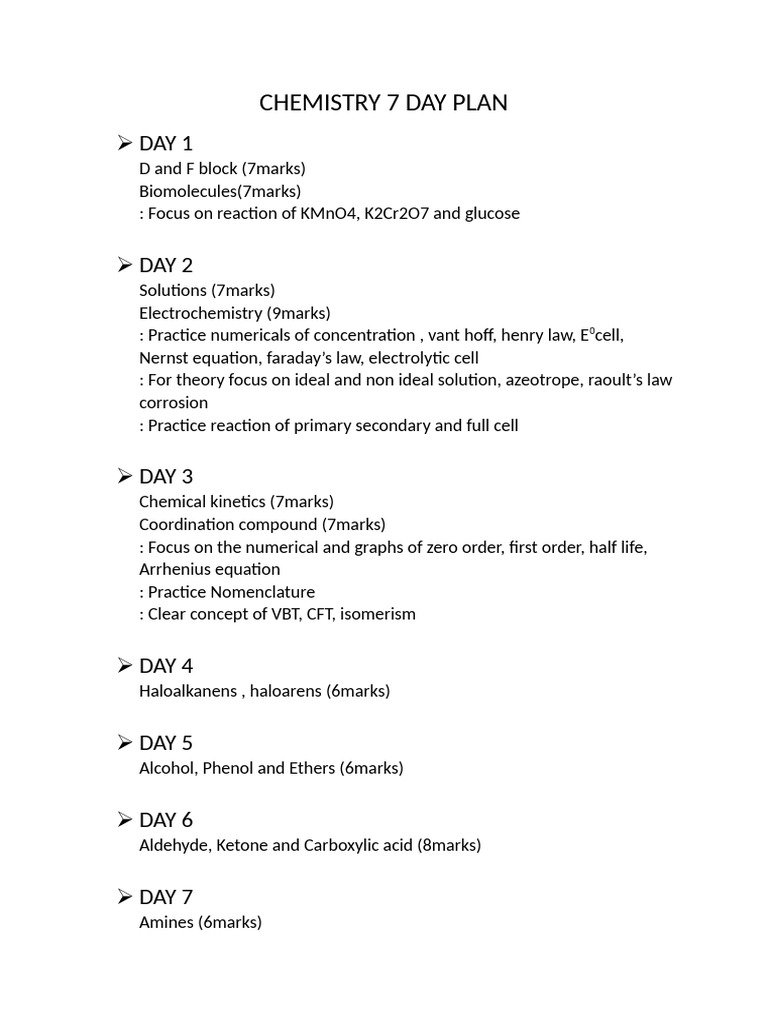 Chemistry 7 Day Plan | PDF