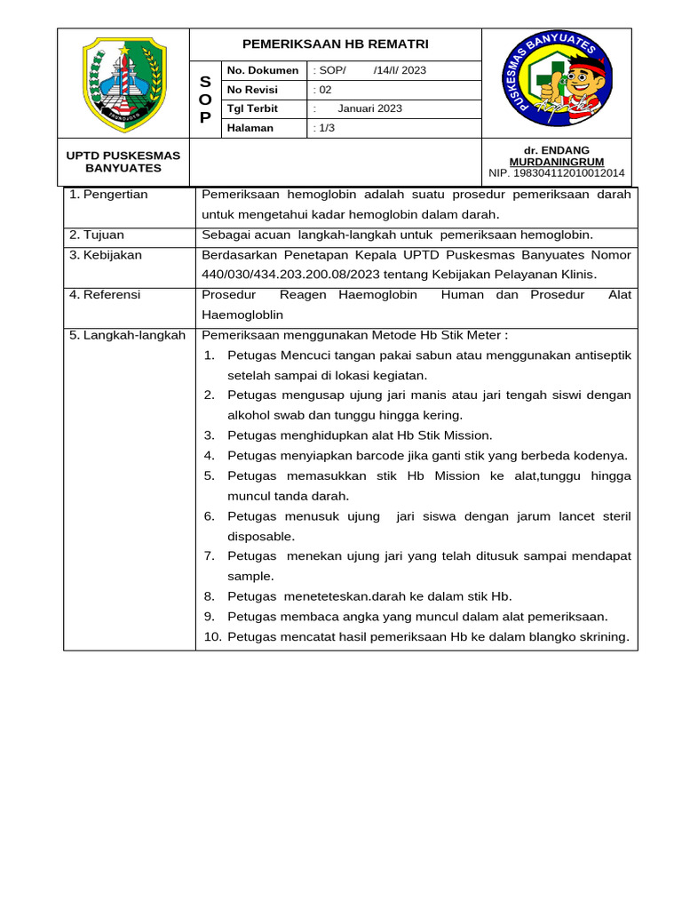 Sop Pemeriksaan HB | PDF