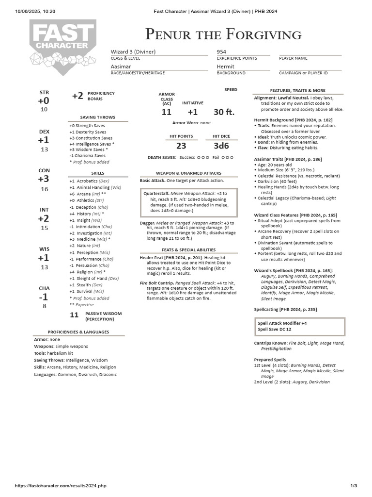 Fast Character _ Aasimar Wizard 3 (Diviner) _ PHB 2024 | PDF | Dungeons ...