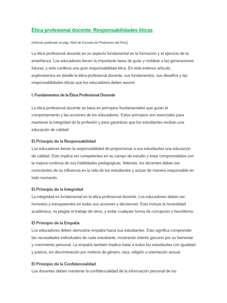 Ética profesional docente. Responsabilidades éticas | PDF | Enseñando | Maestros