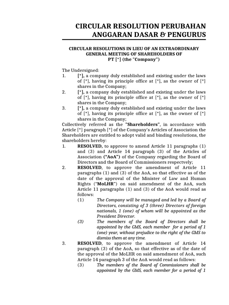 Circular Resolution Perubahan Anggaran Dasar & Pengurus | PDF | Notary ...