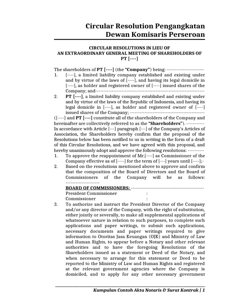 Circular Resolution Perubahan Dewan Komisaris Perseroan - 1 | PDF ...