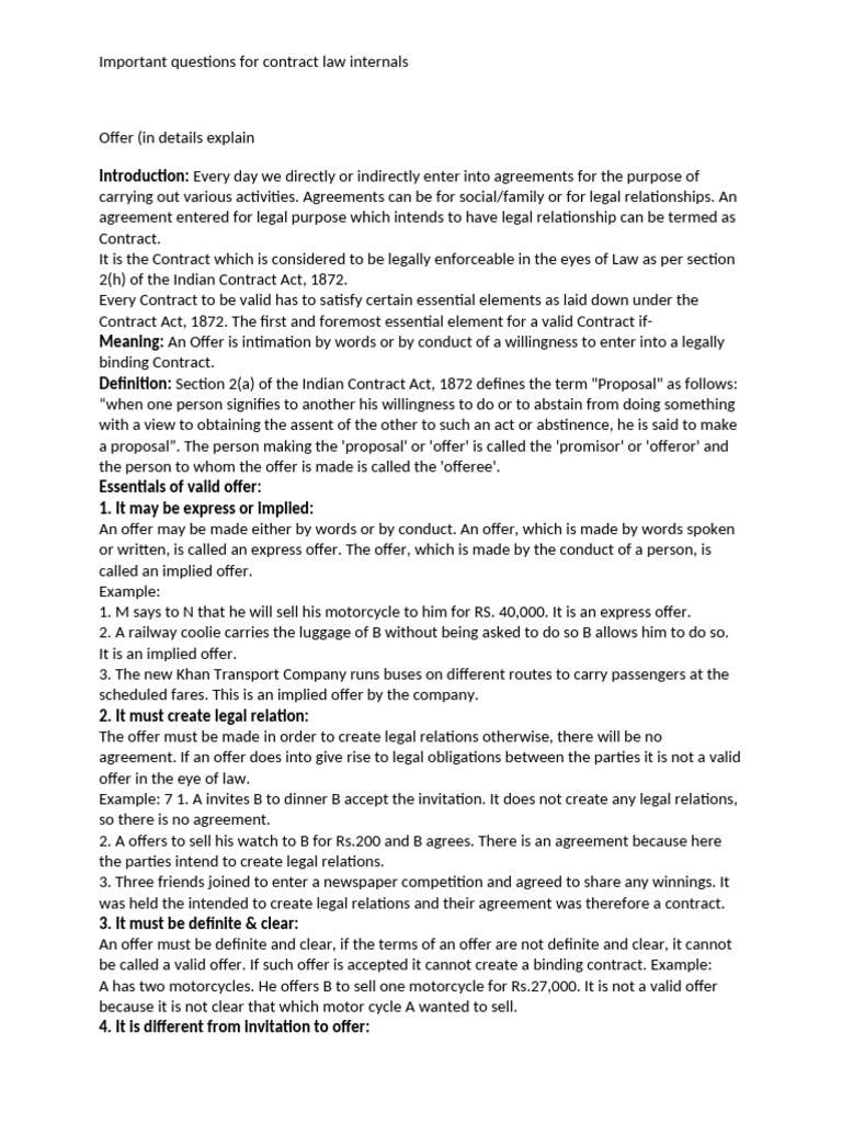 Important Questions For Contract Law Internals | PDF | Consideration | Offer And Acceptance