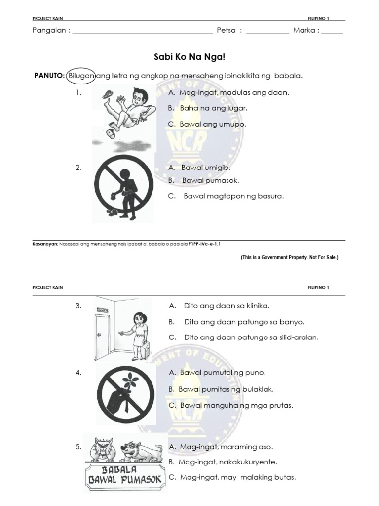 FV - Grade 1 - Filipino - Q4 - Pagsasabi NG Mensahe NG Babala o Paalala ...