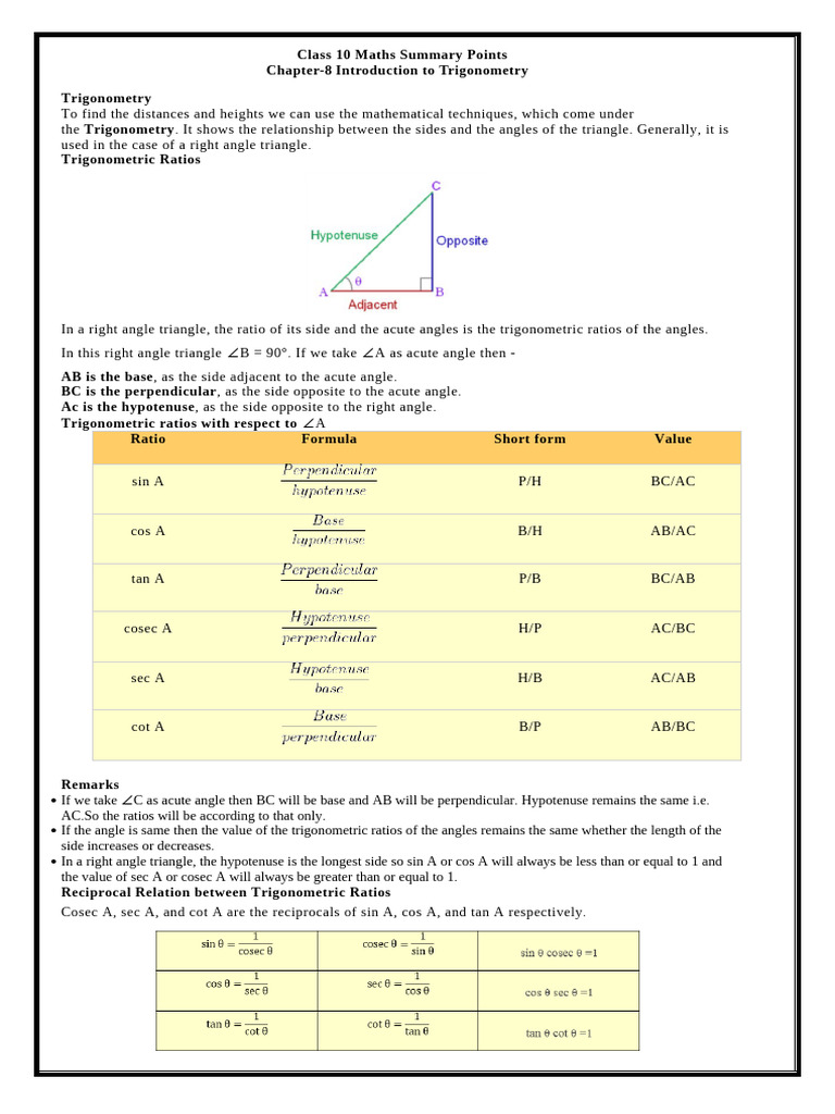 Class 10 SP Chapter-8 Introduction To Trigonometry | PDF | Trigonometry ...