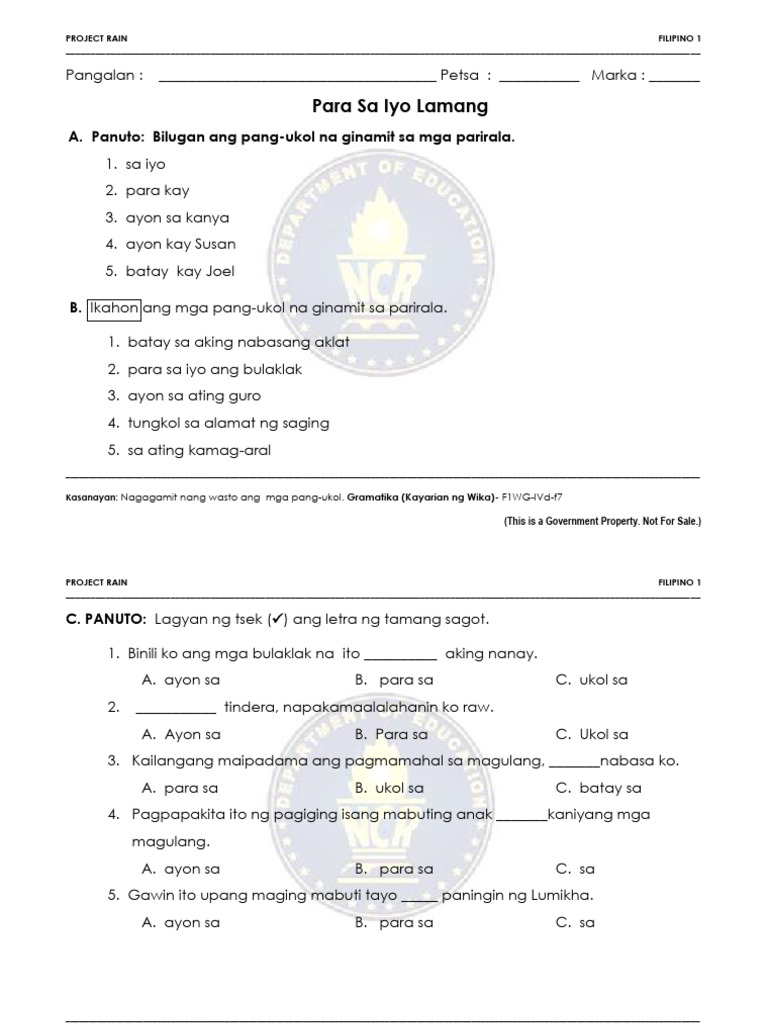 FV Grade-1 Fil1ipino Q4 Gamit-Ng-Pang-Ukol | PDF