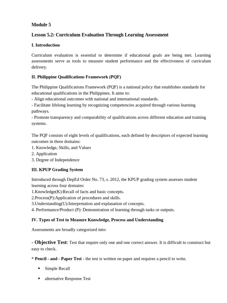 Module 5 Lesson 5.2 Curriculum Evaluation Through Learning Assessment ...