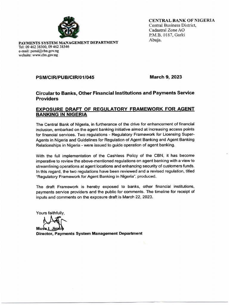 CBN Agent Banking Guidelines 2023 | PDF | Banks | Regulatory Compliance