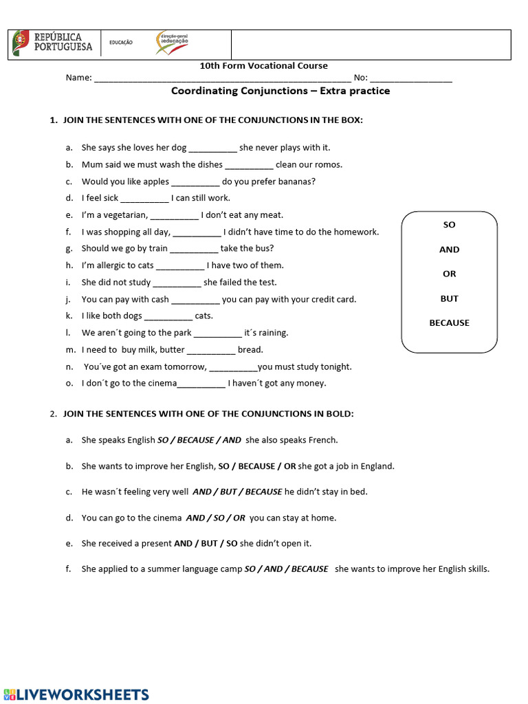 Coordinating Conjunctions Practice Exercise | PDF