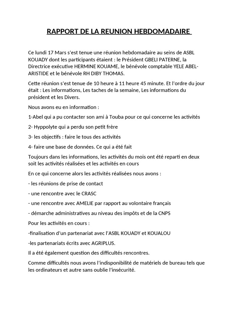Rapport de La Reunion Hebdomadaire | PDF