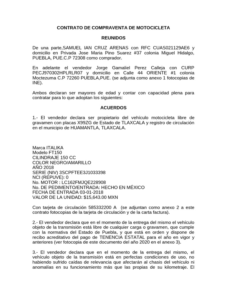 Contrato de Compraventa Moto | PDF