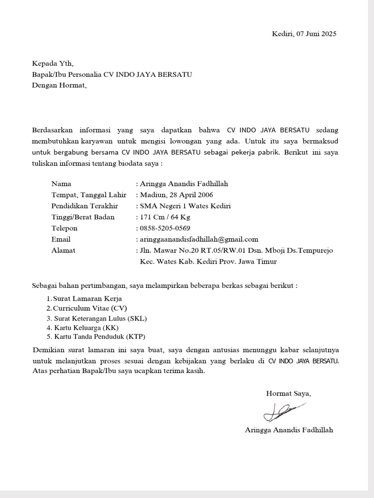 Surat Lamaran Kerja - Aringga Anandis Fadhillah | PDF