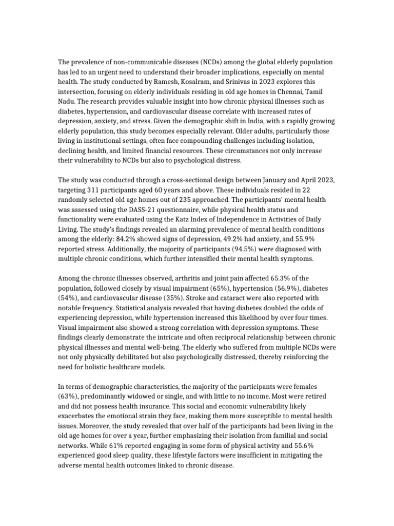 NCDs and Mental Health Essay | PDF | Mental Health | Chronic Condition
