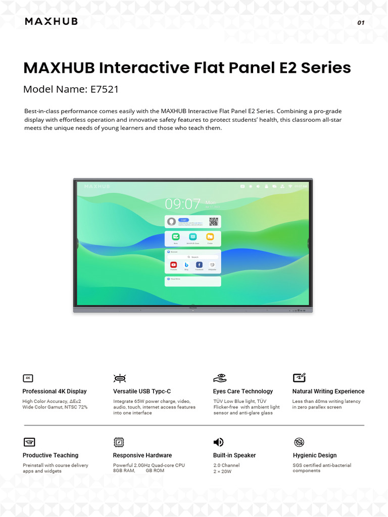 MAXHUB Interactive Panel E7521C 8+128 Datasheet | PDF | Hdmi | Touchscreen
