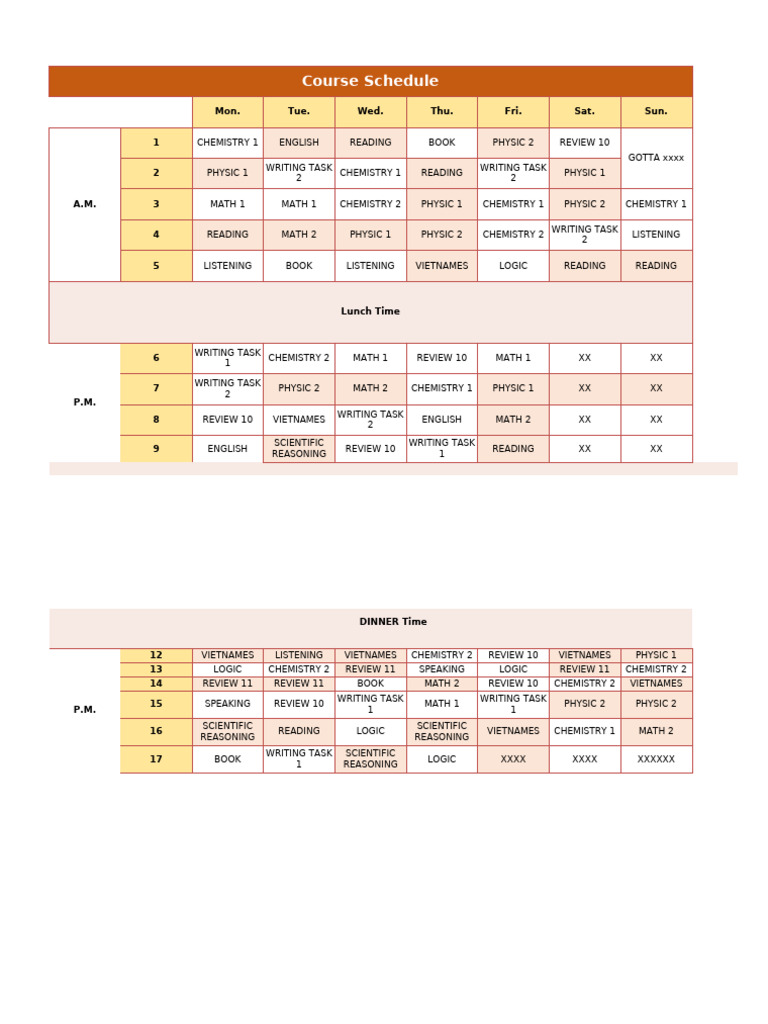 Weekly Course Schedule Overview | PDF | Mathematics