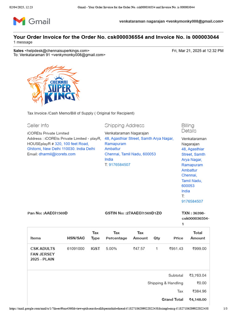 Gmail - Your Order Invoice For The Order No. Csk000036554 and Invoice ...