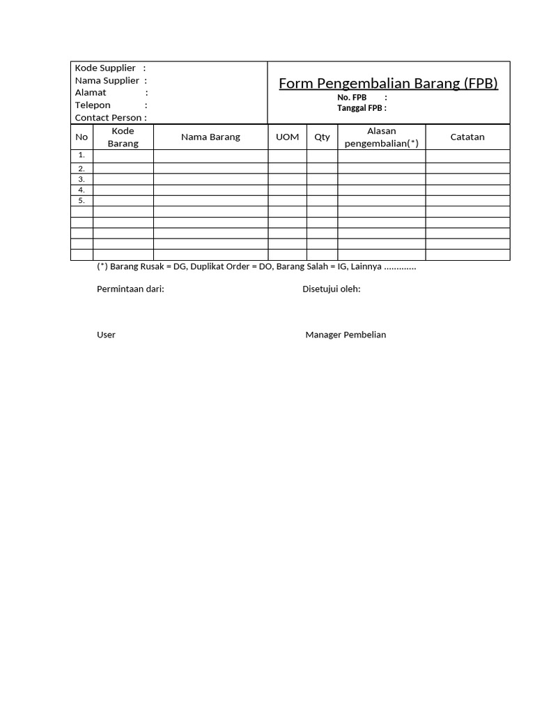 Formulir Pengembalian Barang FPB | PDF