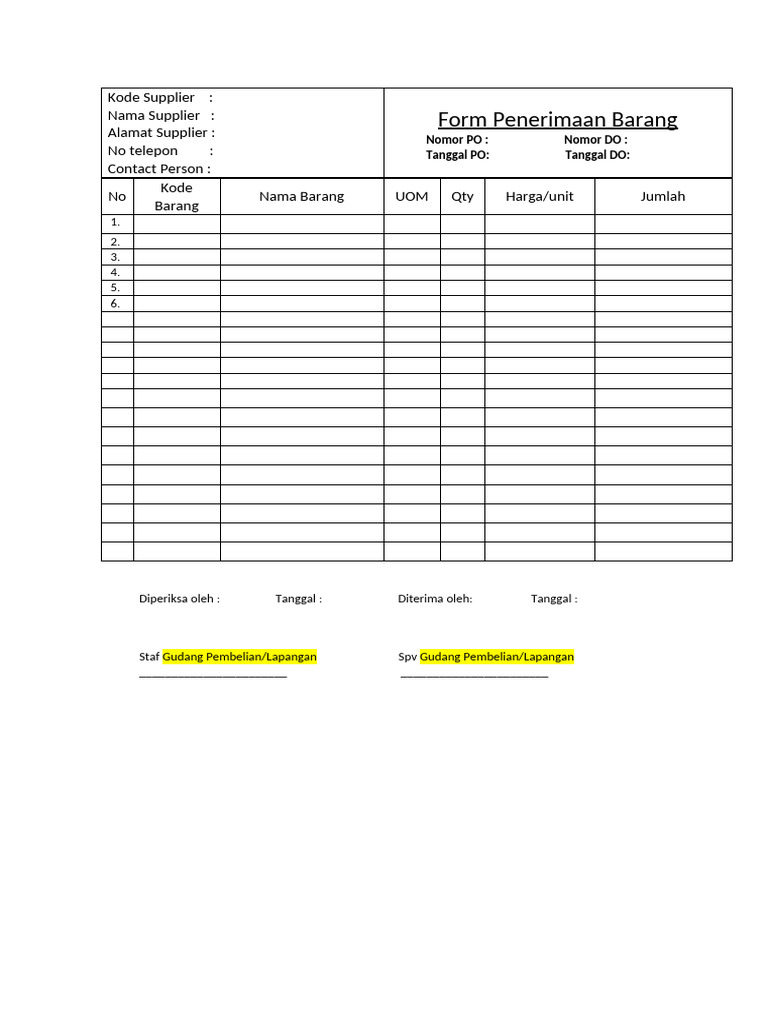 39. Form Penerimaan Barang | PDF
