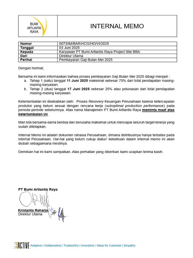 Internal Memo - Pembayaran Gaji Mei 2025 Site Bba - 250604 - 174829 | PDF