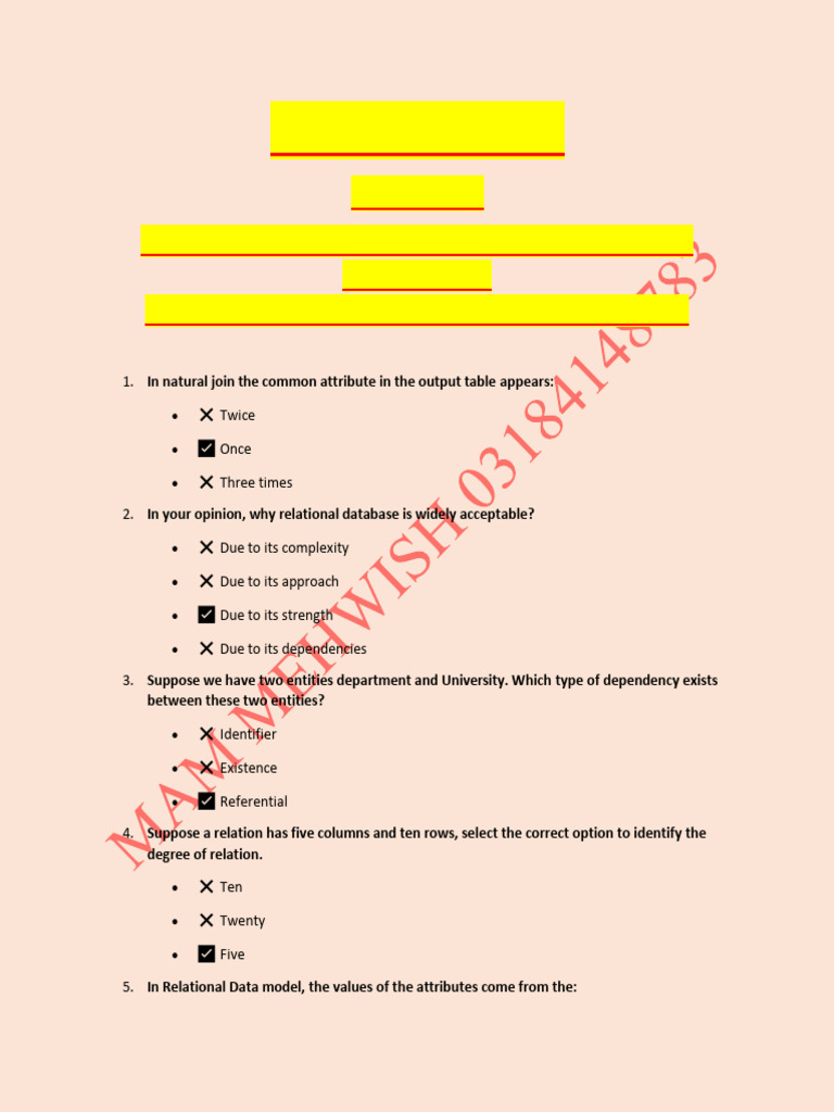 CS403 MCQs Mids 2024 Mam Mehwish | PDF | Databases | Relational Database