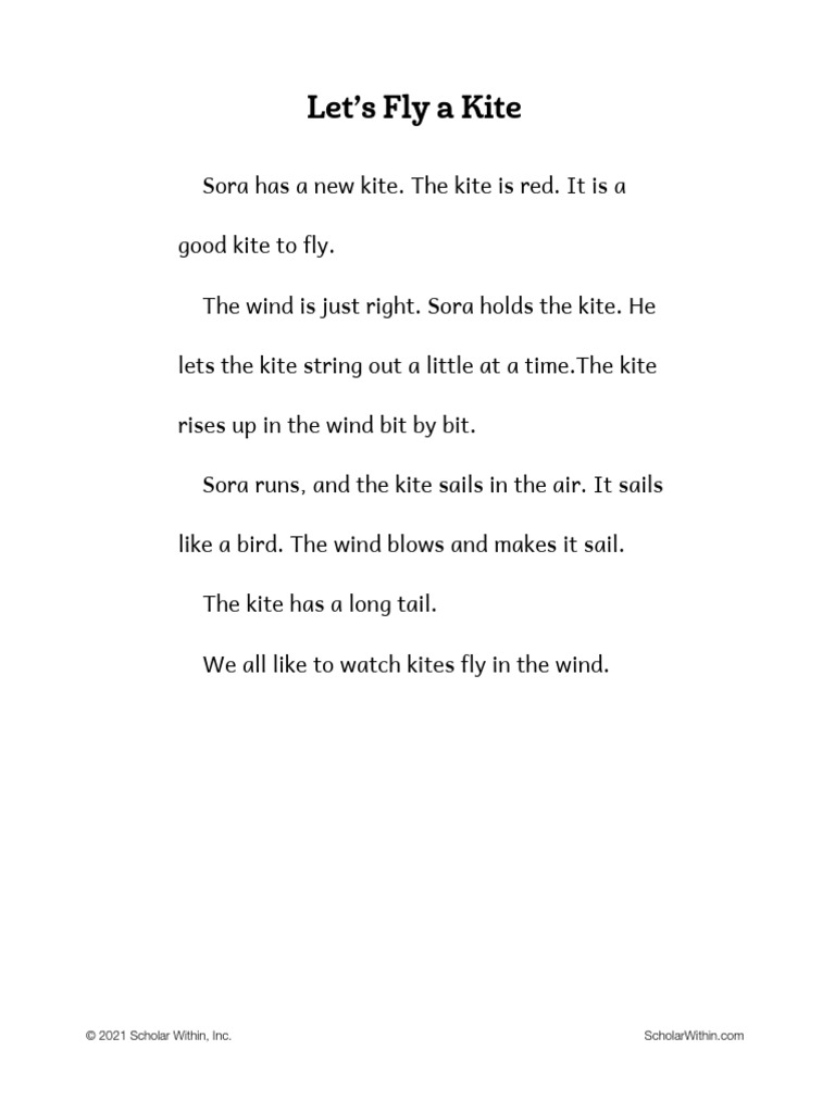 Reading Fluency Passage Grade Level 1 Track A Lets Fly A Kite Student 1 ...