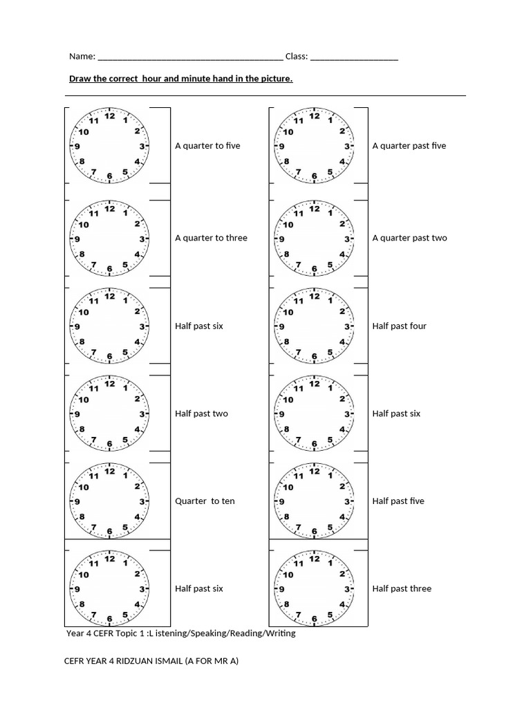 Topic 1 Time Draw The Hour and The Minute Hand | PDF