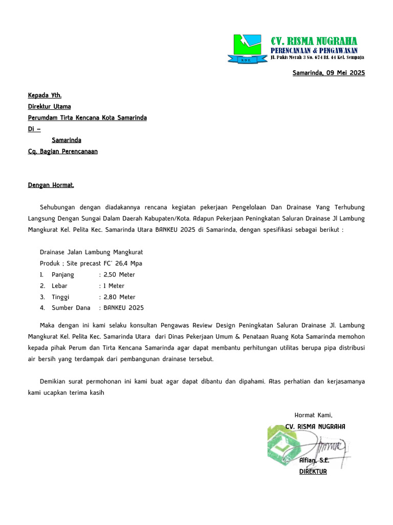 Surat Permohonan Bantuan Ke - PDAM | PDF