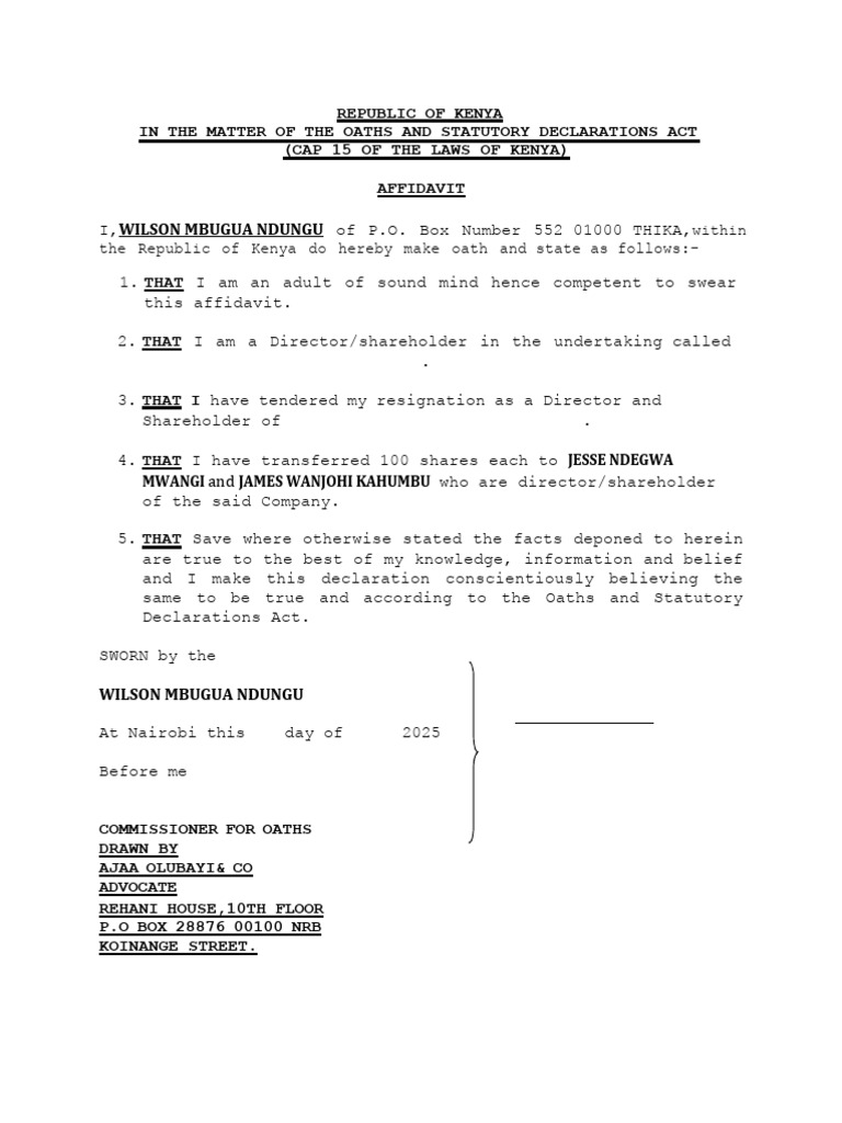 Affidavit of Resignation by Wilson Ndungu | PDF