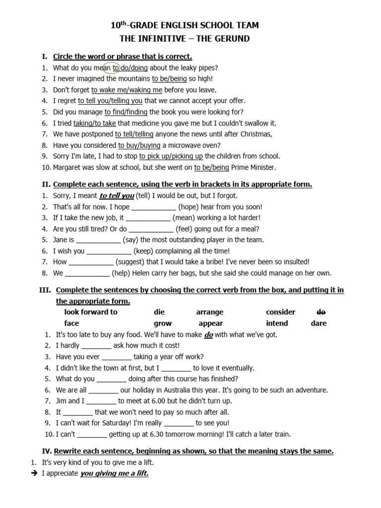 Infinitive Gerund Exercises | PDF