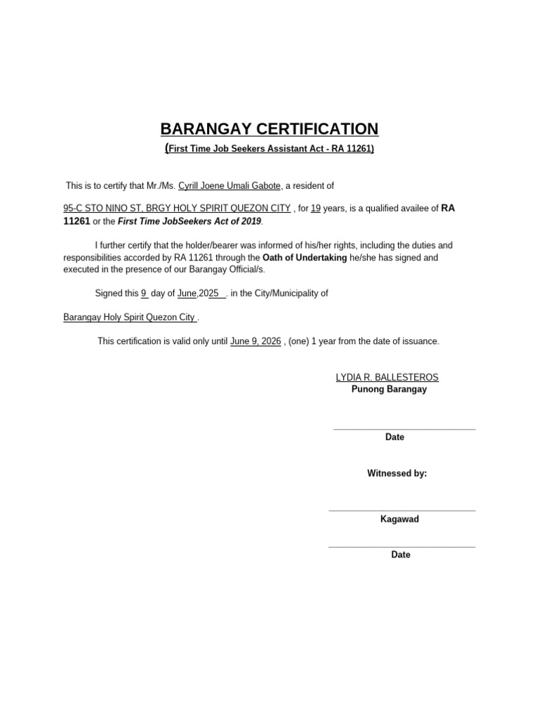 Barangay Certification Template | PDF